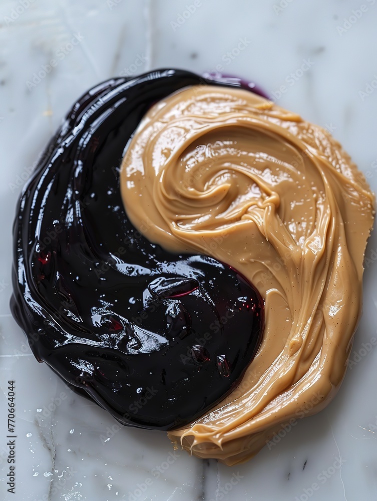 closeup peanut butter and jelly smeared into a yin and yang shape on a ...