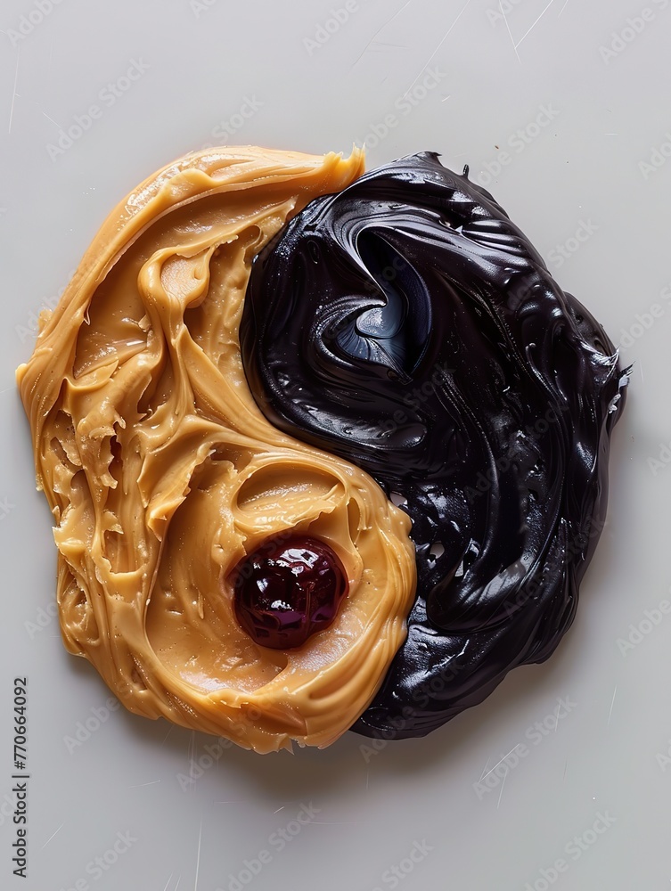 closeup peanut butter and jelly smeared into a yin and yang shape on a ...