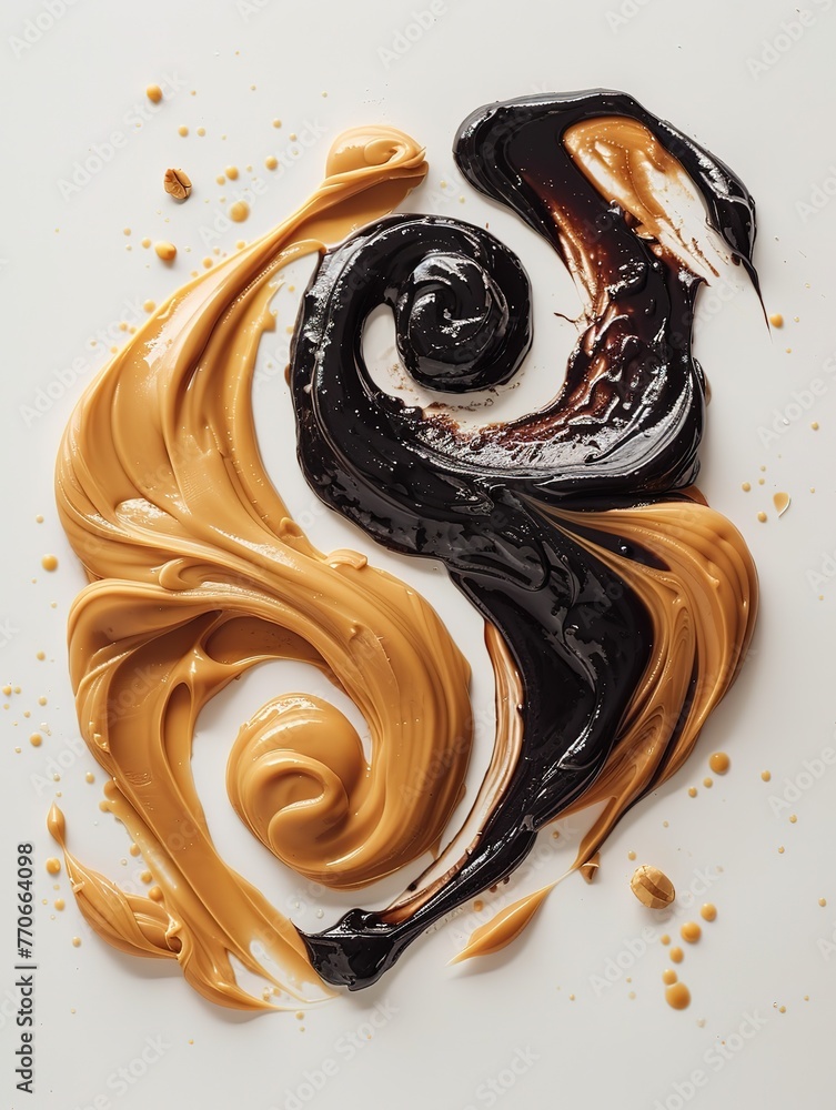 closeup peanut butter and jelly smeared into a yin and yang shape on a ...