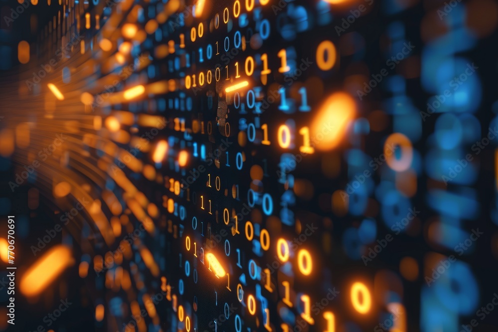 Binary code flowing across a computer screen, showcasing the digital nature of data-driven ...