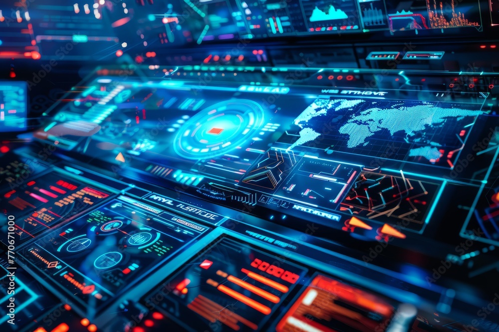 A collection of electronic devices on display in a futuristic control ...