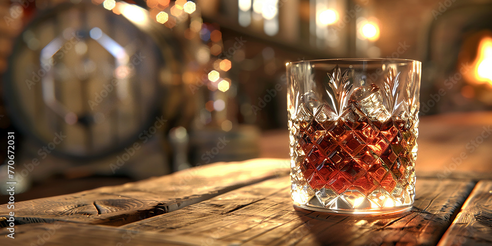 glass of whisky positioned elegantly on a rustic wooden table, with a ...