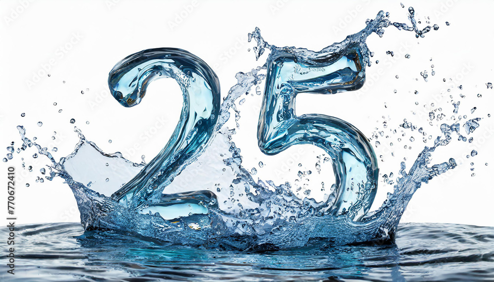 Number 25 made of water with splashes on white background. Blue liquid ...