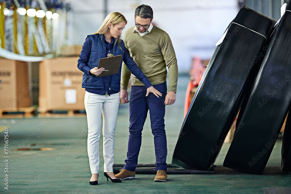 Inventory, logistics and business people with checklist in warehouse ...