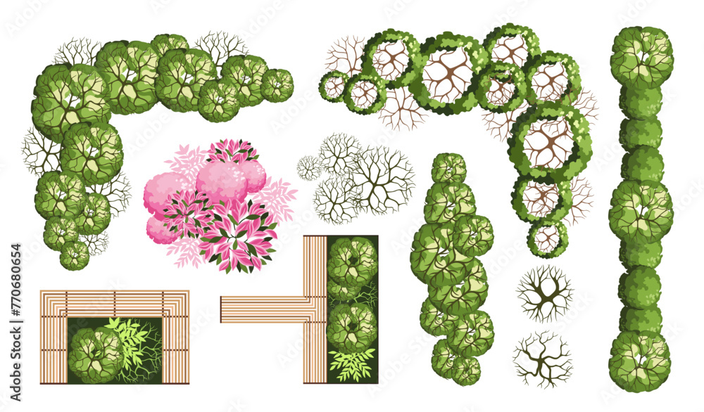 Top view elements for the landscape design plan. Trees and benches for ...