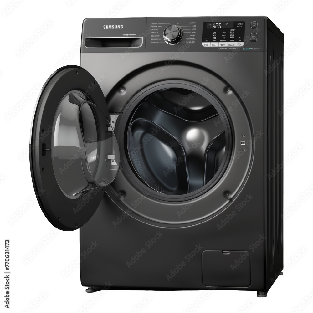 Trendy new black, metallic washing machine with a big drum on a ...