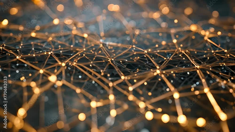 Close-up view of a gold neural network structure with interconnected ...