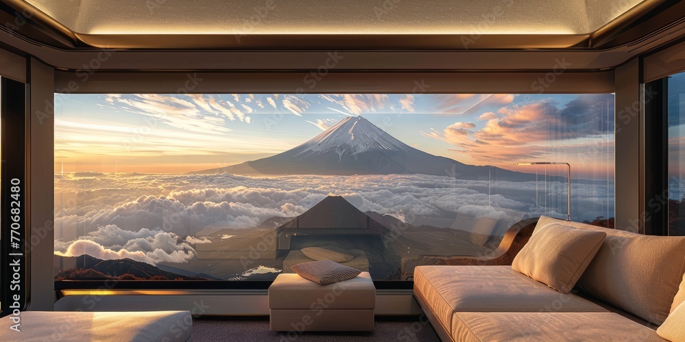 Fuji in full frame: The elongated window of a luxury jet provides an ...