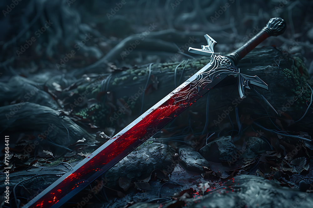 A mystical long sword embedded with a glowing red gem, perfect for ...