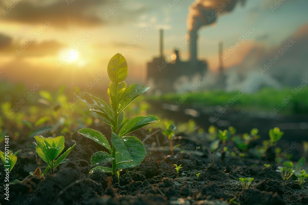 Decarbonization, featuring a vibrant green plant in the foreground with ...