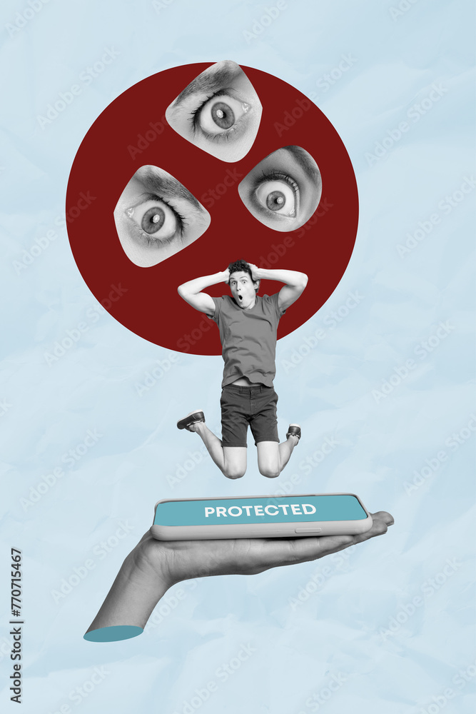 Collage artwork picture of eyes controlling guy personal modern gadget ...