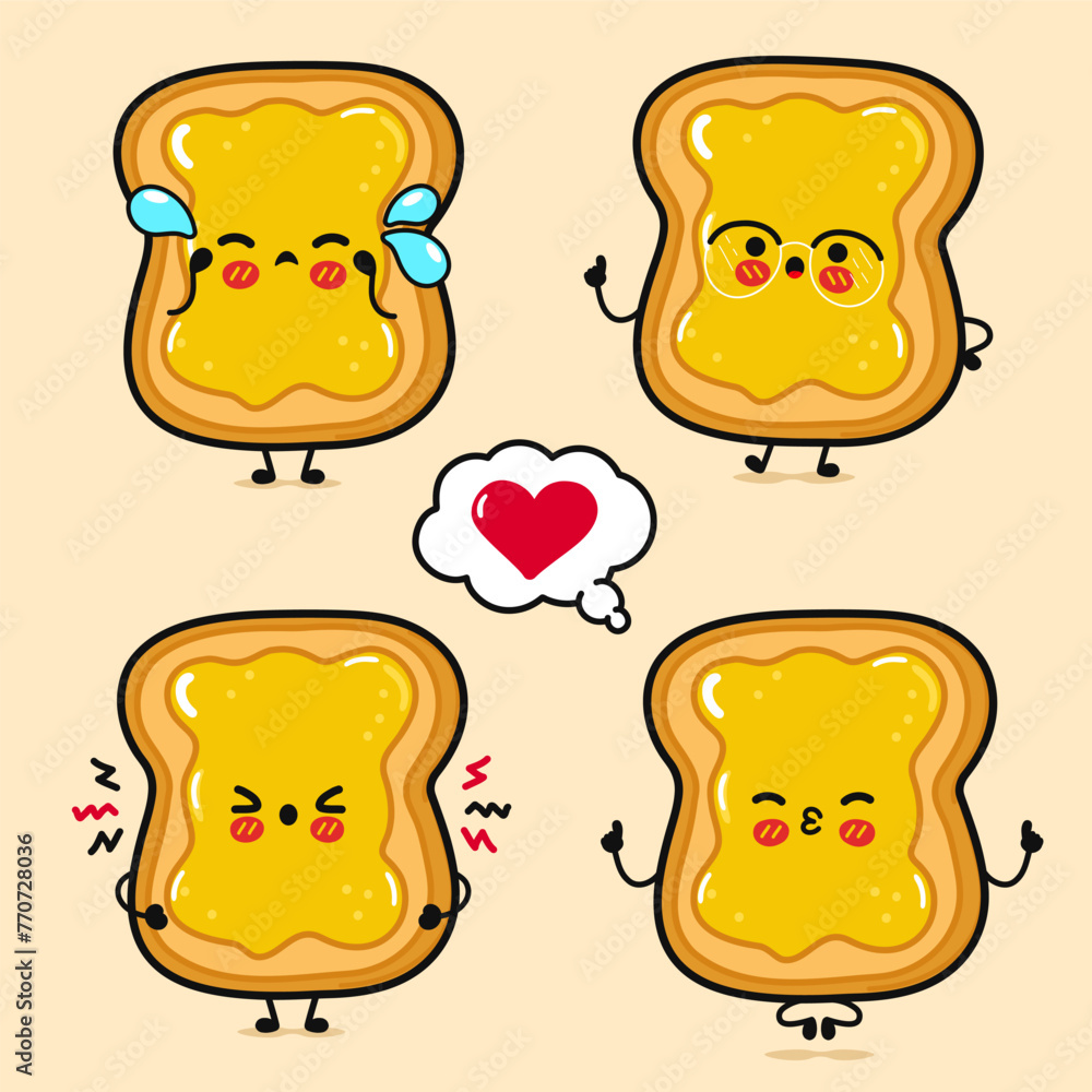 Happy Toast with honey characters bundle set. Vector hand drawn doodle ...