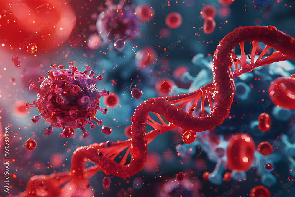 medical pharmaceutical research background with blood cells and virus ...