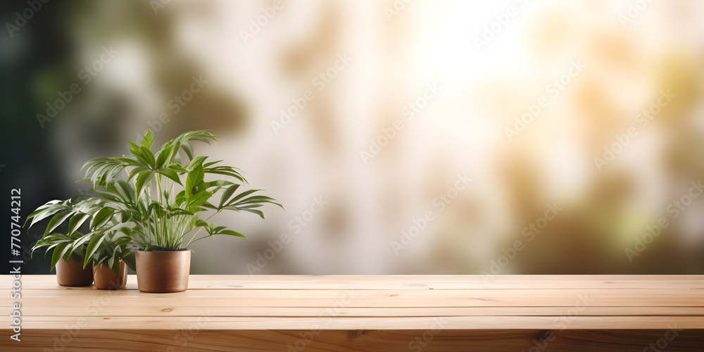 plant in a vase on the table.Empty wood table top blurry modern kitchen ...