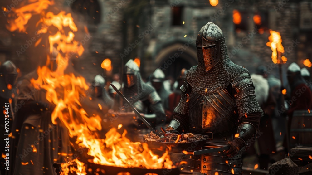 Knights holding a barbecue feast, medieval castle, flames and ...
