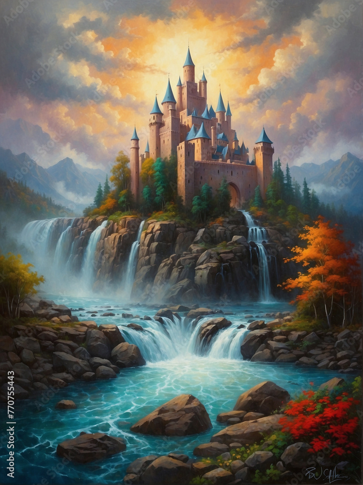 Majestic Waterfall Castle Enchanting Fantasy Landscape with Dreamy ...
