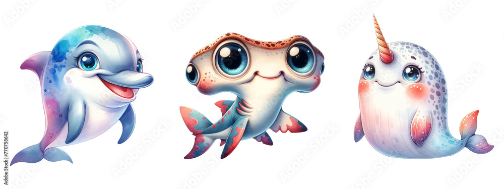 Pastel watercolor sea creatures isolated on transparent background ...