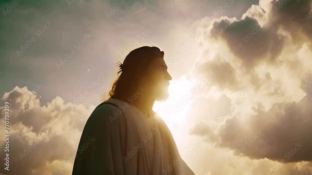 The resurrected Jesus Christ ascending to heaven above the bright light ...