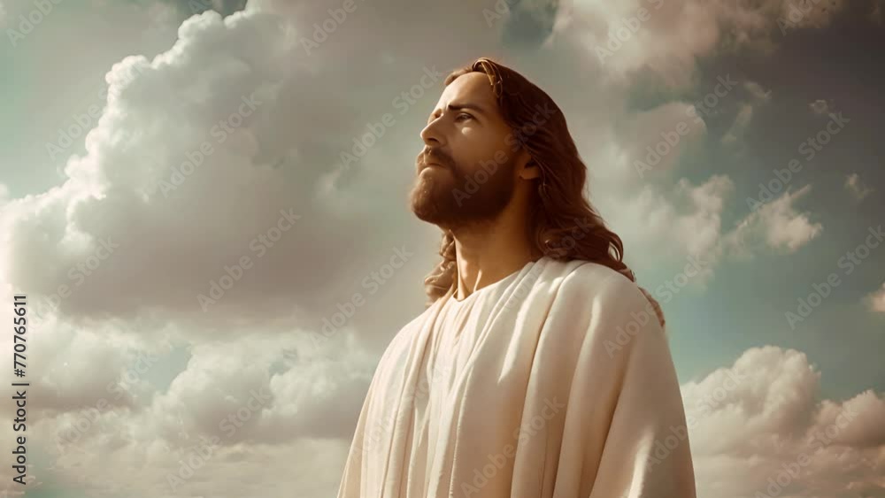 The resurrected Jesus Christ ascending to heaven above the bright light ...