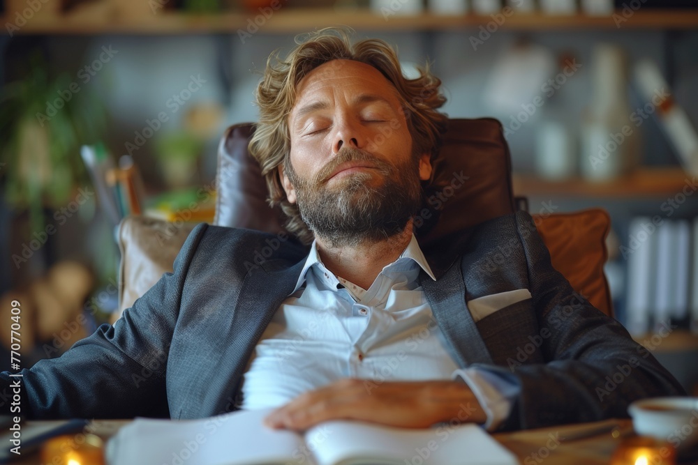 Overworked man in formal wear takes a brief nap at workplace Stock ...