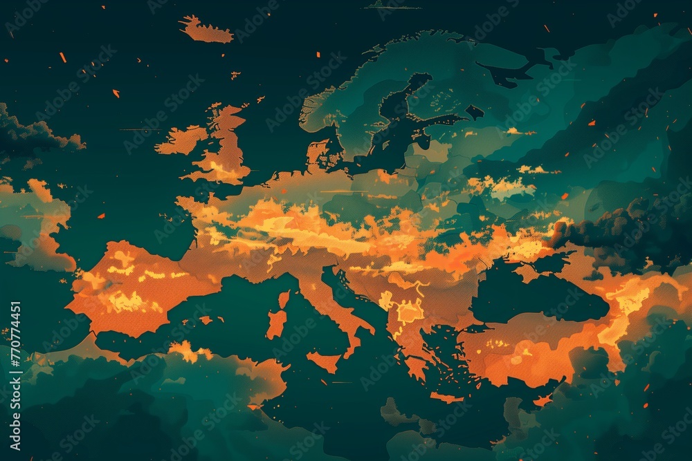 This powerful illustration uses fiery colors to depict Europe on a map ...