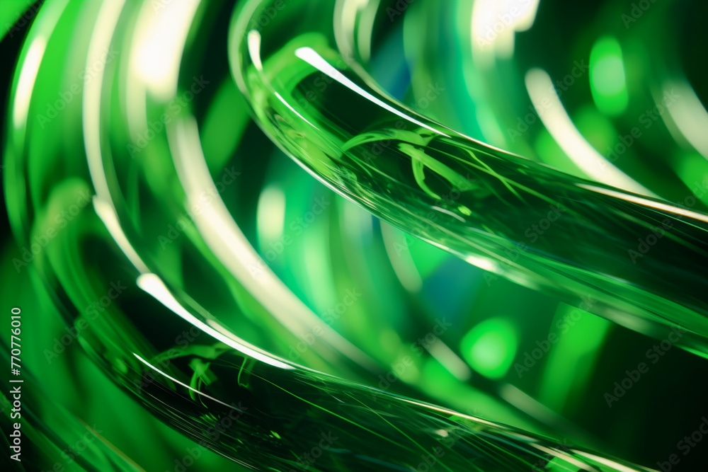 Abstract geometric green background with glass spiral tubes, flow clear ...