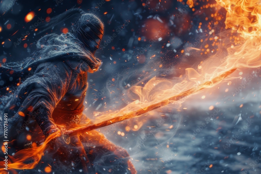 Fire and Ice Clash,A Warrior Brandishes a Flaming Sword in the Snowy ...