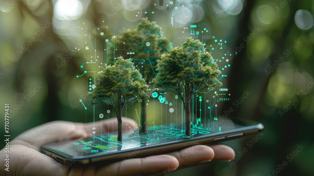 Detailed 3D visualization of a hand holding a smartphone that displays ...