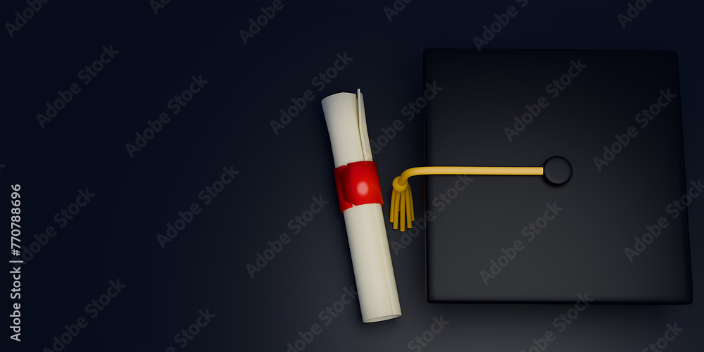 3d illustration of word graduation with graduate caps on dark ...