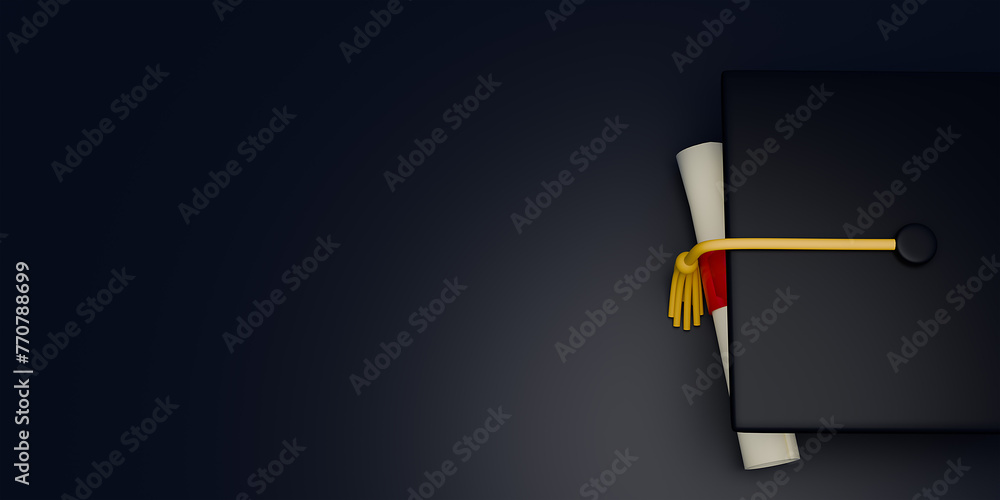 3d illustration of word graduation with graduate caps on dark ...