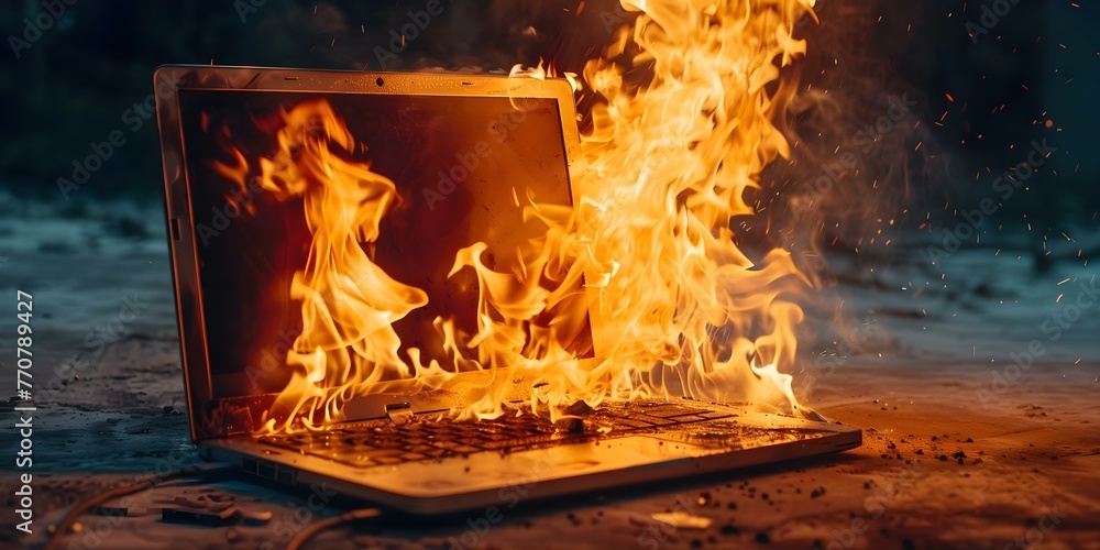 A laptop on fire due to a faulty lithium battery causing thermal ...