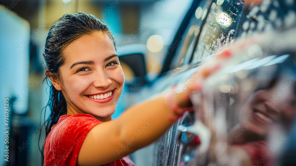 Close up portrait of beautiful smiling car wash employee woman washing ...