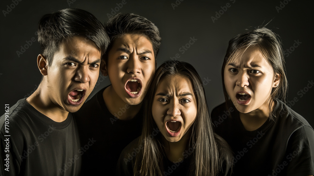 Four young asian people, men and women, screaming in anger with angry ...