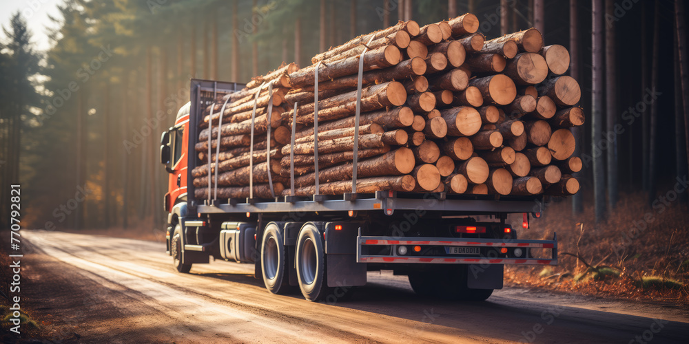 A loaded timber truck drives along a forest road, transporting a heavy ...