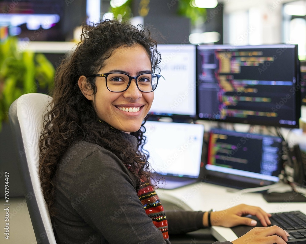 Smiling Young Latina Programmer Coding on Multiple Monitors in Software Development Office Stock ...