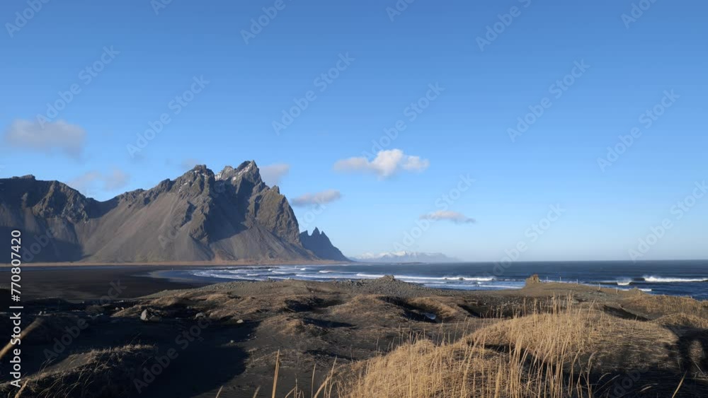 Vestrahorn Black Sand Beach with Brunnhorn and Krossanesfjall Mountain ...