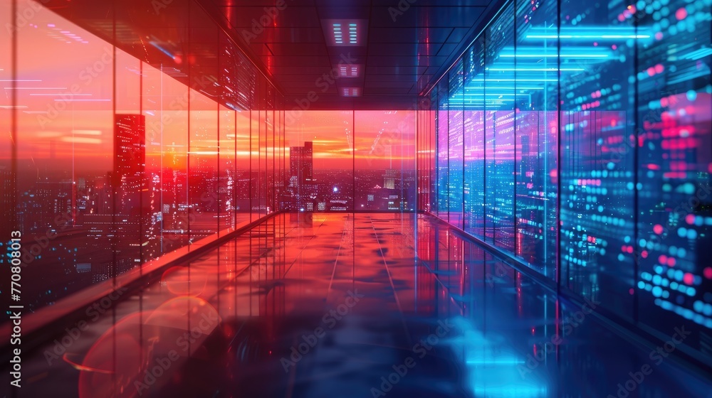 office interior with information technology overlay on screen ...