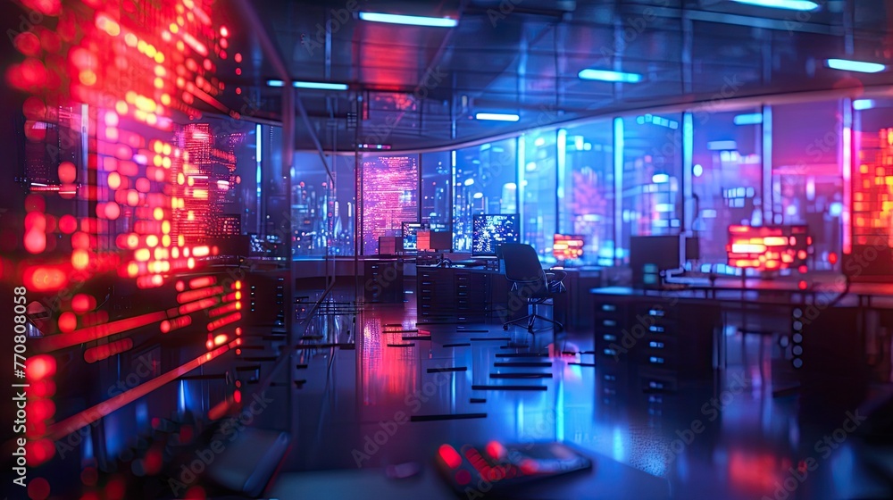 office interior with information technology overlay on screen ...