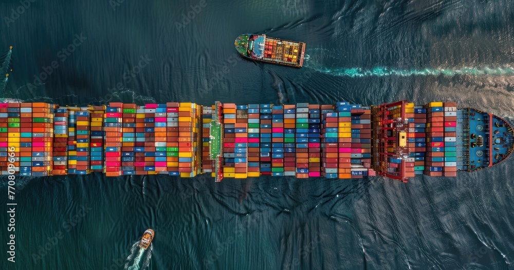A cargo ship travels across the sea, its deck stacked with a vibrant ...