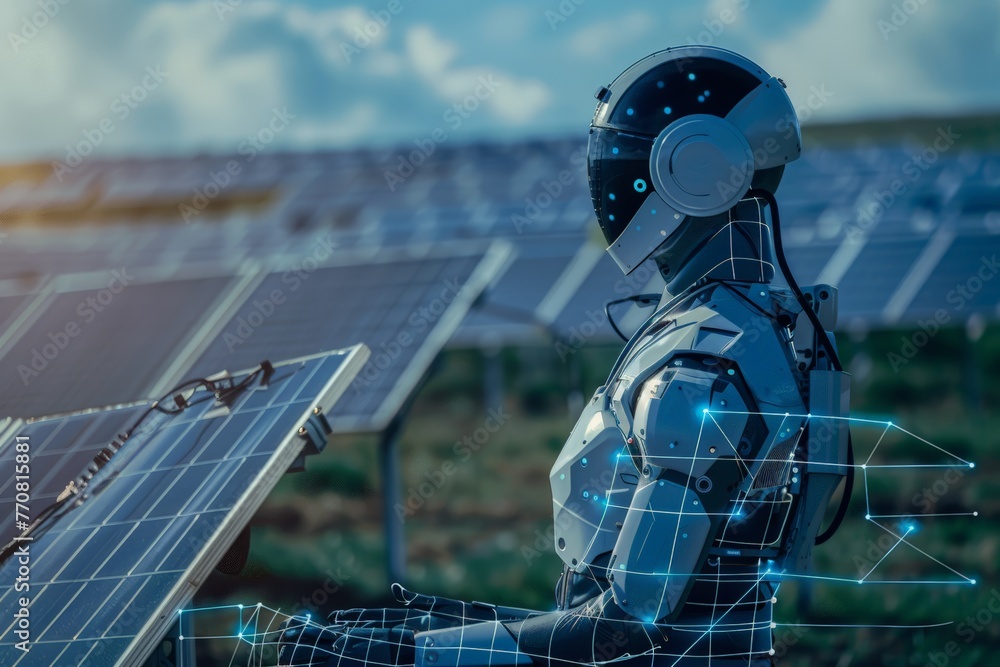 AI algorithm in action, monitoring solar panels on a renewable energy ...