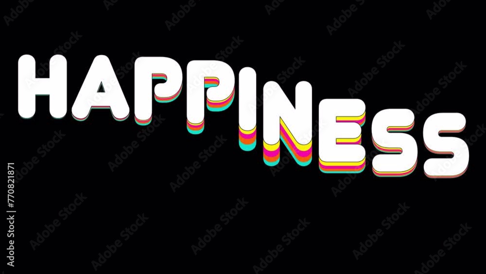 Waving "Happiness" text animation with 3D effect and different colors ...