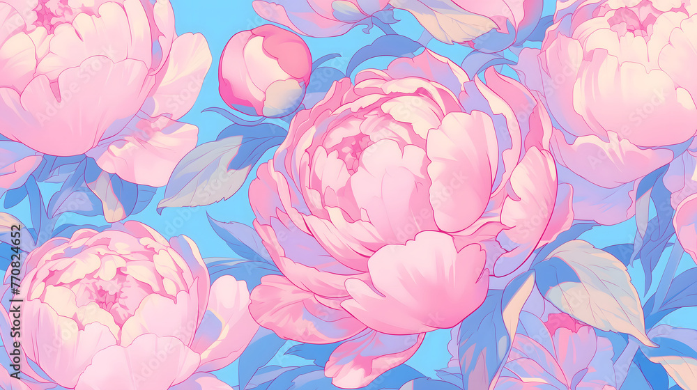 Beautiful floral background with pink peony flowers over blue backdrop ...