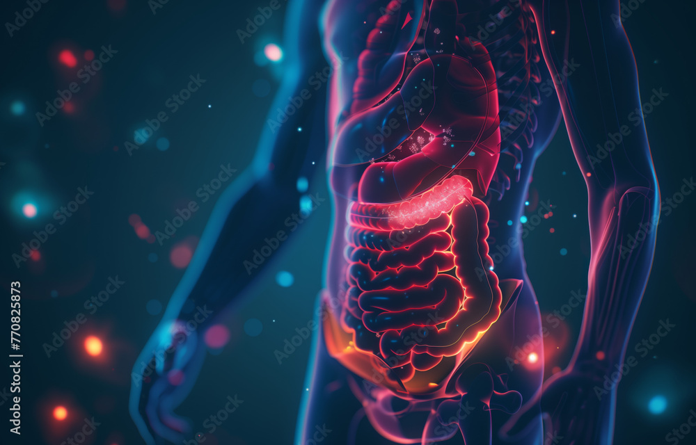 Illuminated Digestive System Digital Illustration. A glowing, high ...