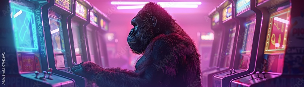 80s style gorilla playing arcade games neon and nostalgia Stock ...