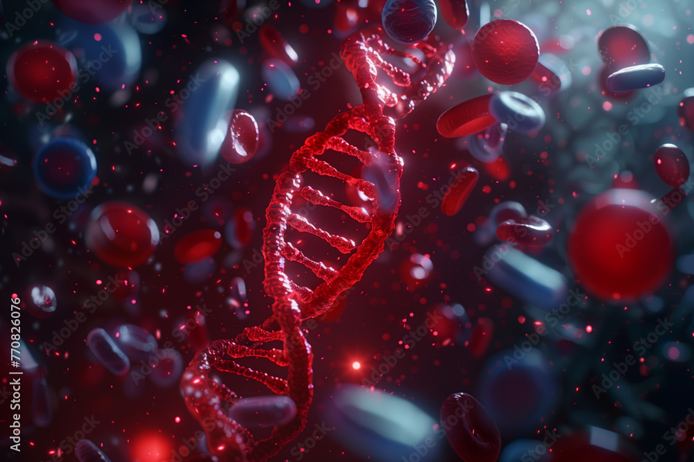 Glowing DNA Helix Amongst Blood Cells Illustration. 3D rendered image ...