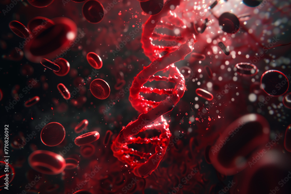 Red Blood Cells and DNA Helix. Detailed 3D illustration of red blood ...
