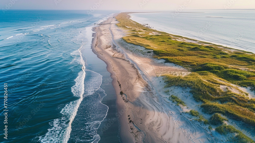 Top view coastal restoration project rebuilding sand dunes and ...