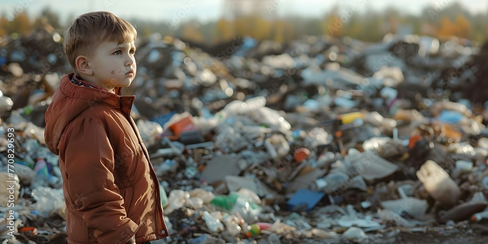 A sad child boy stands in a landfill surrounded by plastic waste ...