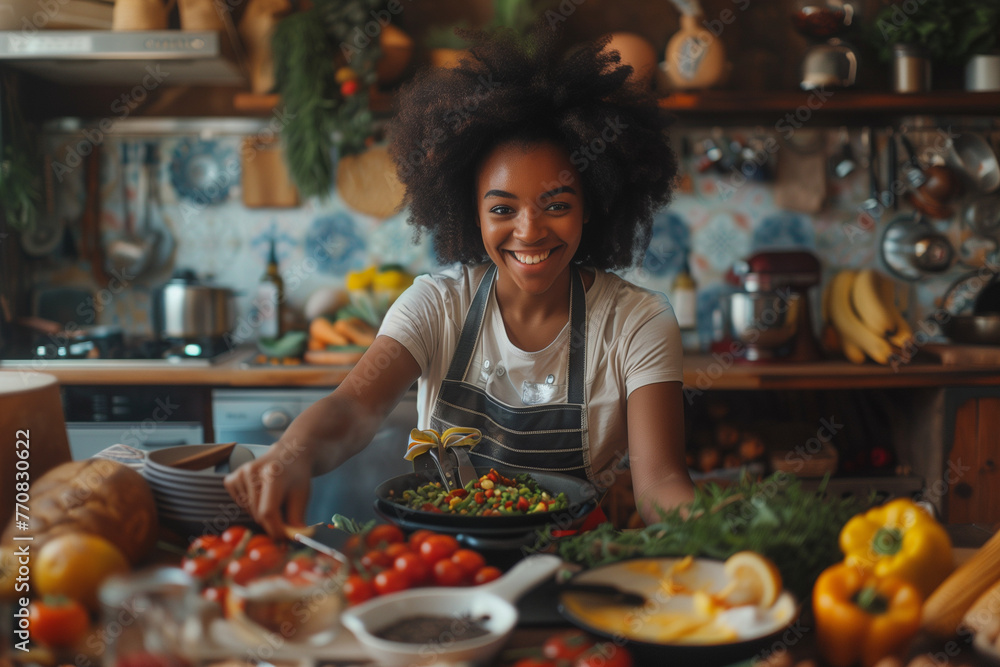 photo of a happy African American woman cooking in her kitchen, she is ...