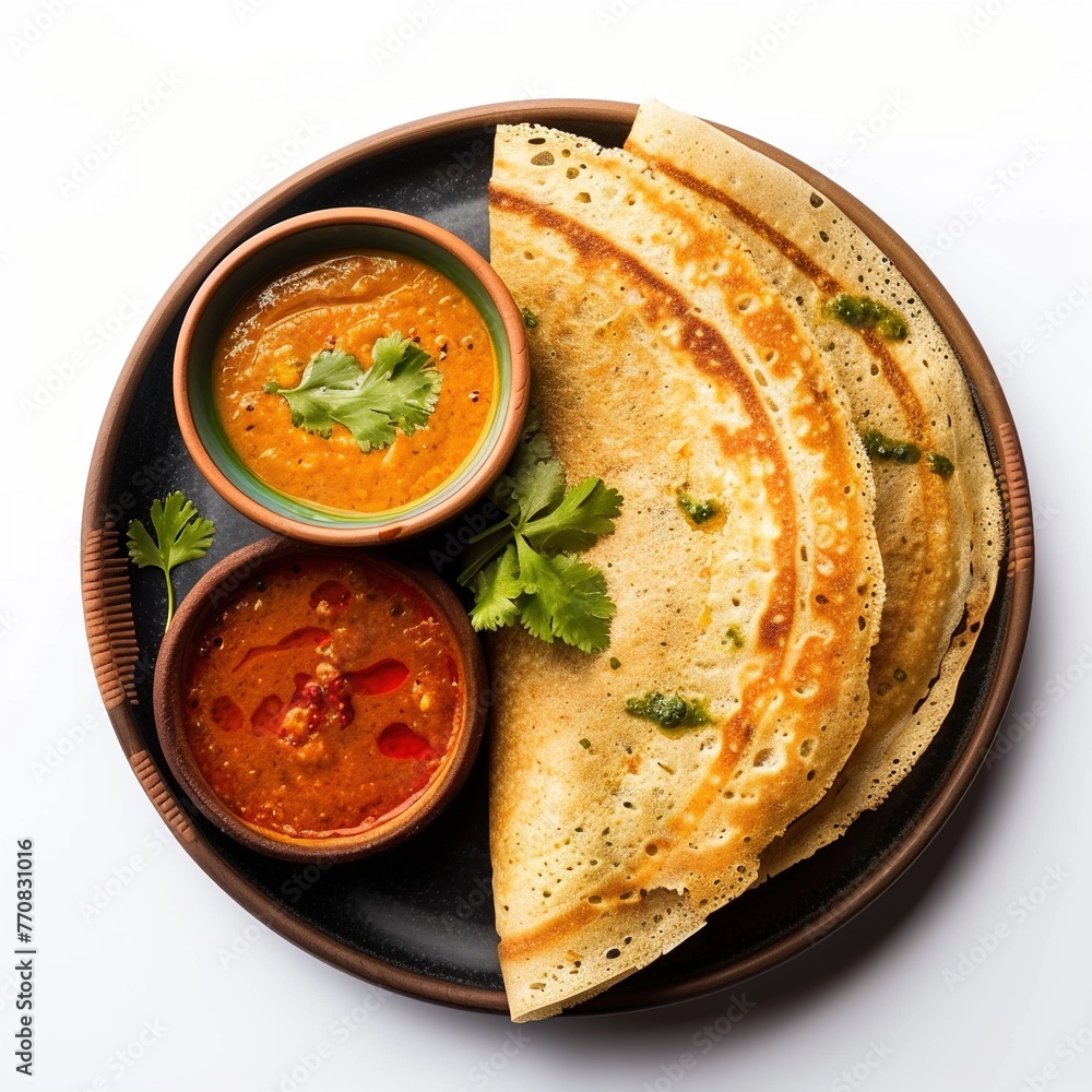 Cheese masala dosa recipe with sambar and chutney, selective focus top ...